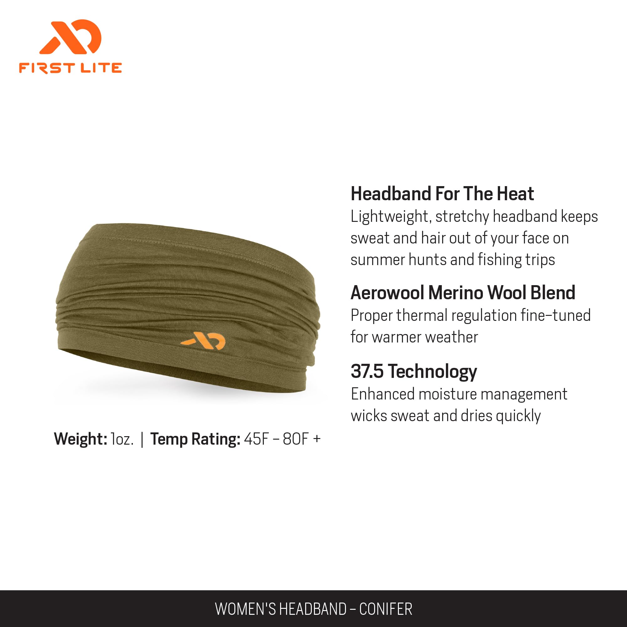 First Lite Headband - Flexible Ultralight Merino Wool Hunting Headband - Conifer - One Size