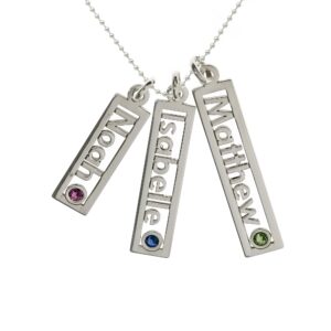 aj's collection personalized rectangle triple open name sterling silver necklace with birthstone setting. customize a name charm. sterling silver cable chain. gift for all. makes great birthday gift.