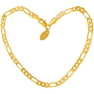 lifetime jewelry 4mm figaro chain anklet for women men & teen girls 24k gold plated (gold, 10)