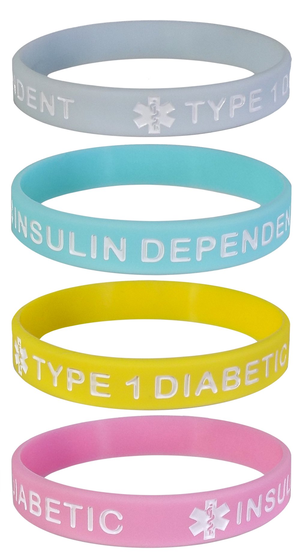 Max Petals TYPE 1 DIABETIC INSULIN DEPENDENT Medical Alert ID Silicone Bracelet Wristbands Pastels 4 Pack