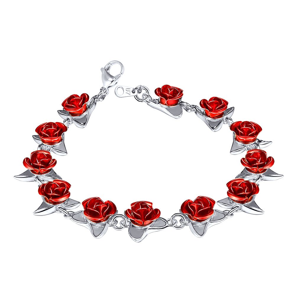 U7 Flower Charm Bracelet Platinum Plated Chain Dozen Red Rose Floral Bracelets for Women