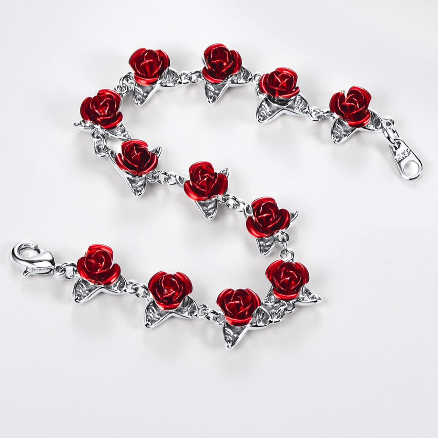 U7 Flower Charm Bracelet Platinum Plated Chain Dozen Red Rose Floral Bracelets for Women