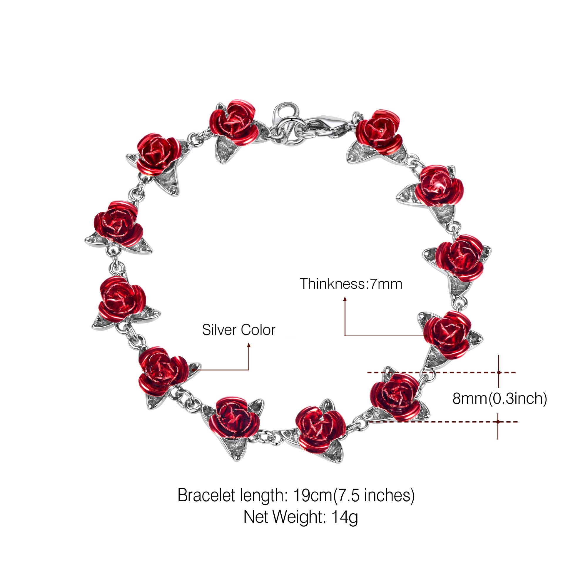 U7 Flower Charm Bracelet Platinum Plated Chain Dozen Red Rose Floral Bracelets for Women