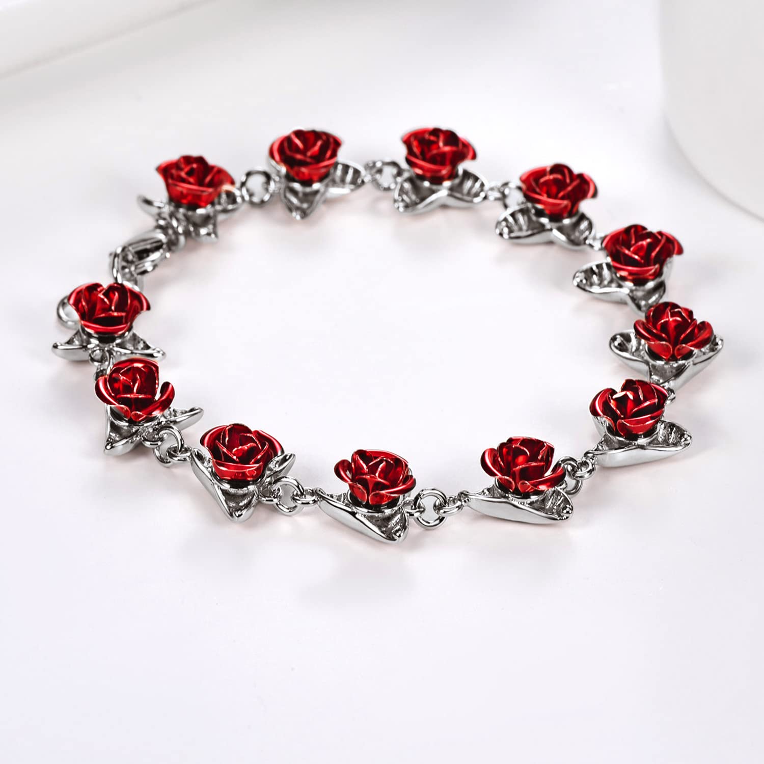 U7 Flower Charm Bracelet Platinum Plated Chain Dozen Red Rose Floral Bracelets for Women