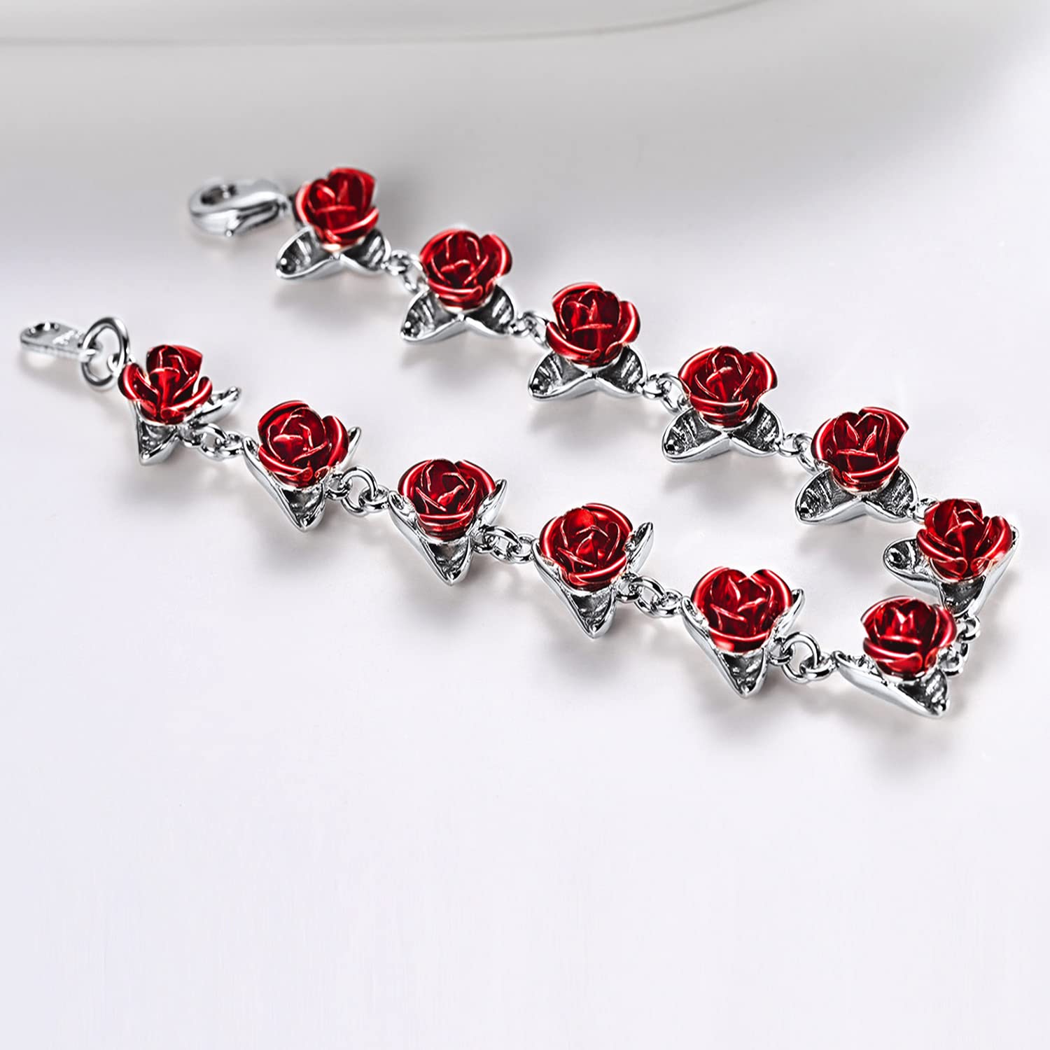 U7 Flower Charm Bracelet Platinum Plated Chain Dozen Red Rose Floral Bracelets for Women