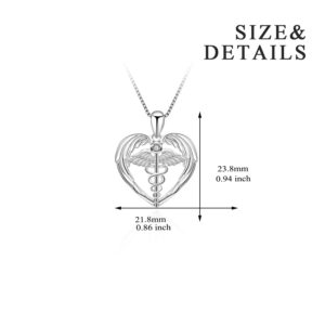 YFN Sterling Silver Caduceus Angel Nursing Themed Pendant Necklace 18" (Nurse Necklace) (Nurse Necklace) (Silver)