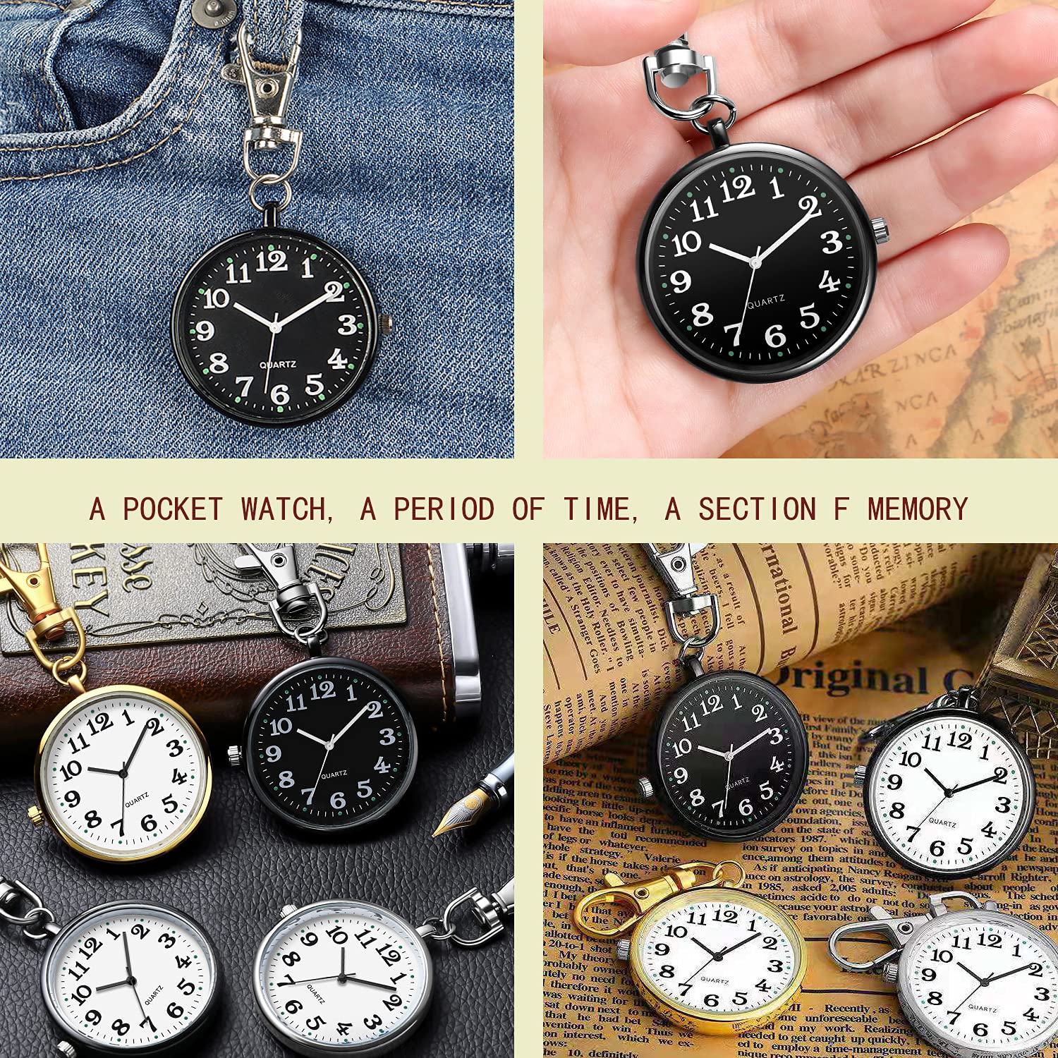 FUNGORGT Men's Pocket Watches Black Ultra Thin Quartz Small Open Face Pocket Watch with Key Buckle Clip on Pocket Watch