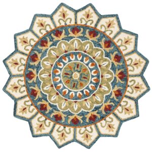 SAFAVIEH Novelty Collection Area Rug - 6' Round, Ivory & Blue, Handmade Boho Mandala Floral Rustic Country Wool, Ideal for High Traffic Areas in Living Room, Bedroom (NOV605M)