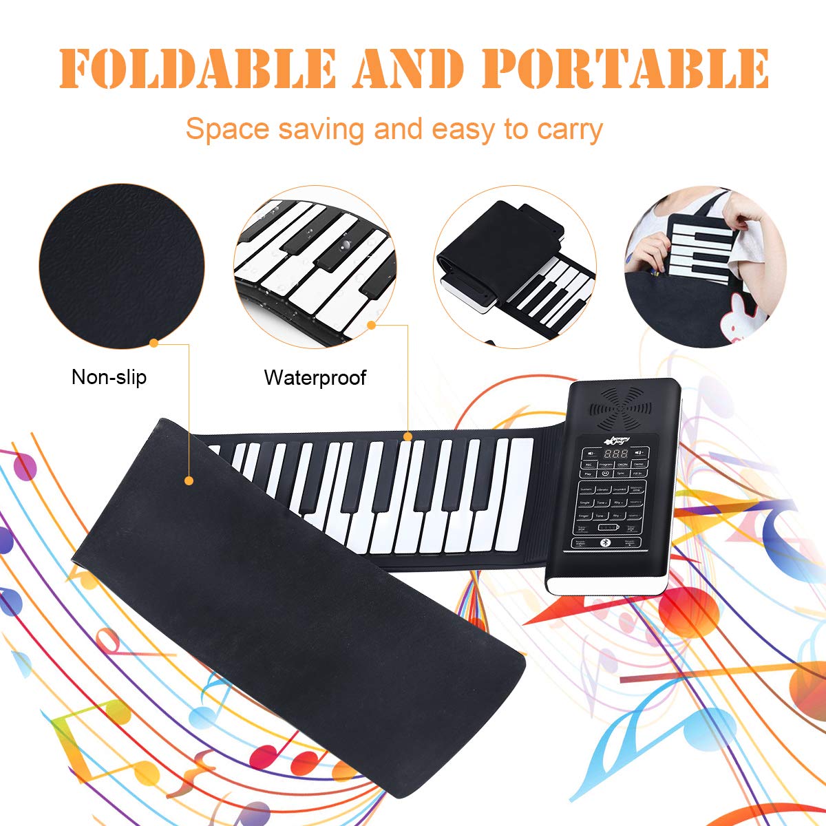 BABY JOY 88 Keys Roll Up Piano, Upgraded Electronic Piano Keyboard, Portable Piano w/Bluetooth, MP3 Headphone USB Input, MIDI OUT, 128 Rhythms, Record, Play, Volume Control (Black, 88Keys)