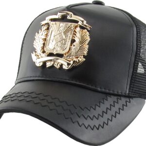 KBVT-DR001 BLK (GLD) Dominican Republic Gold Badge Wolf Rooster Tuna Trucker Cap Adjustable Snapback Hat