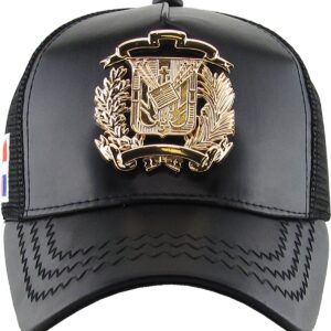 KBVT-DR001 BLK (GLD) Dominican Republic Gold Badge Wolf Rooster Tuna Trucker Cap Adjustable Snapback Hat