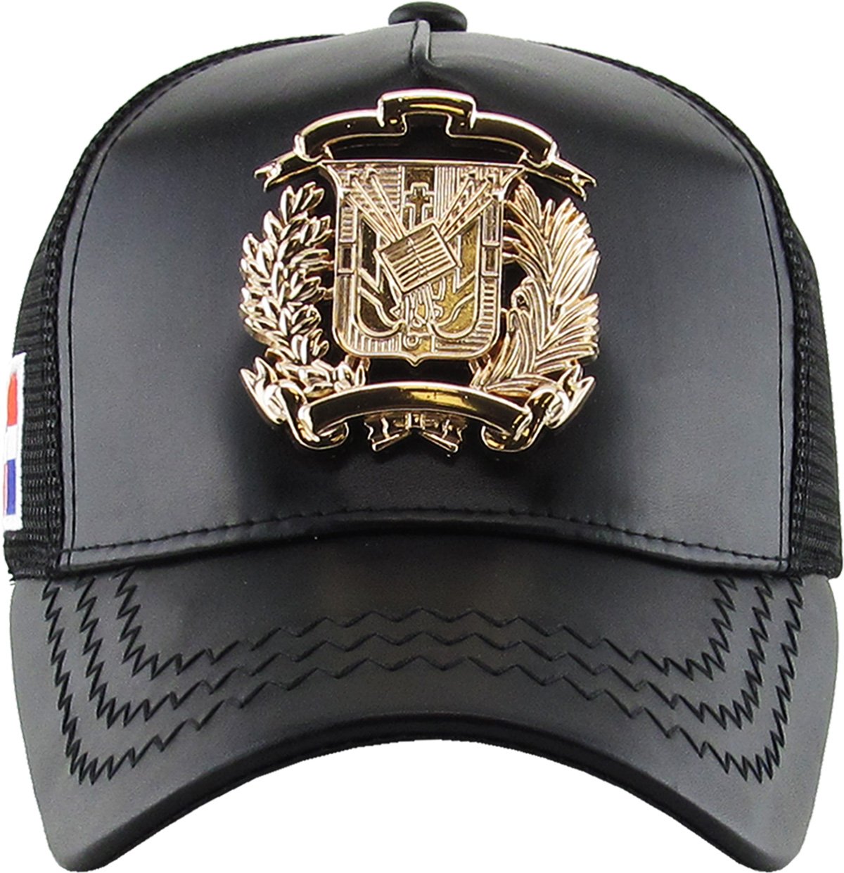 KBVT-DR001 BLK (GLD) Dominican Republic Gold Badge Wolf Rooster Tuna Trucker Cap Adjustable Snapback Hat