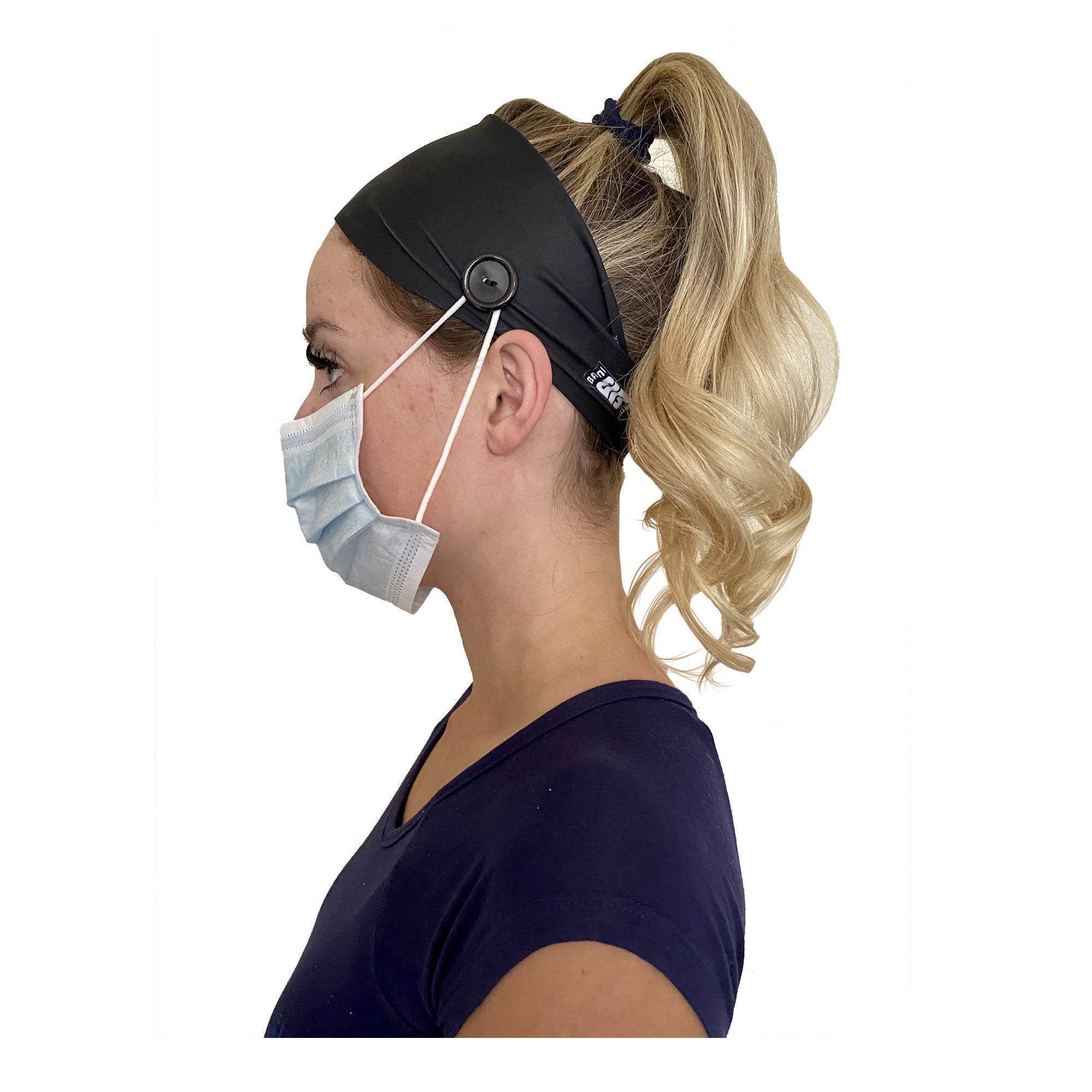 Headband with Buttons for Nurses (Mask not Included) Made in USA - Black One Size