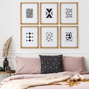 Kate and Laurel Calter 6 Framed Modern Black and White Geometric Abstract Art Prints, Gold