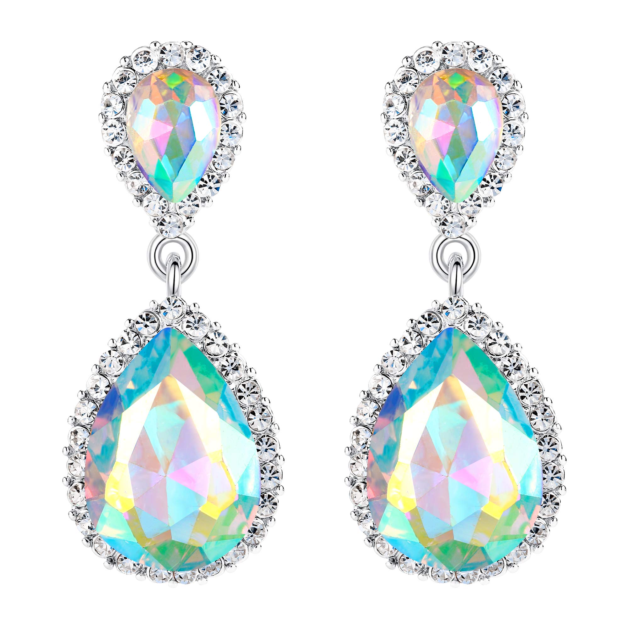 EVER FAITH Women's Austrian Crystal Wedding Tear Drop Dangle Earrings Iridescent AB Silver-Tone