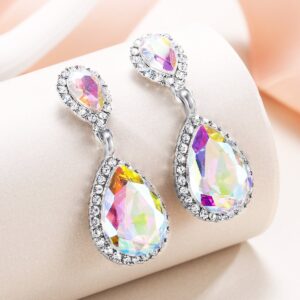 EVER FAITH Women's Austrian Crystal Wedding Tear Drop Dangle Earrings Iridescent AB Silver-Tone