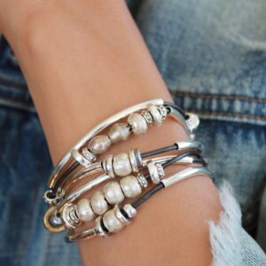 Lizzy James Bella Wrap Bracelet Necklace for Women in Silver and Metallic Gunmetal Gray Leather (LARGE)