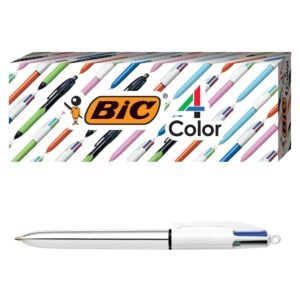 bic 4-color shine ballpoint pen, silver barrel, medium point (1.0mm), assorted inks, 3-count