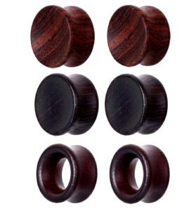 tianci fbyjs 3 pairs ear gauges concavity wooden gauges for ear hollow wood ear tunnels plugs for women men black earrings stretcher piercing 0g 2g 00g gauges (00g=10mm)