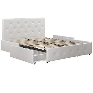 dhp dakota upholstered platform bed with underbed storage drawers and diamond button tufted headboard and footboard, no box spring needed, queen, white faux leather