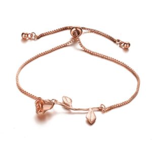 jczr.y fashion red rose chain bracelet charm for women simple temperament flower bracelet link ornaments jewelry(rose gold)