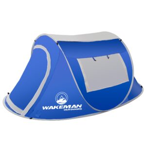 2 person pop up tent with dual-layer door and carry bag - water-resistant tent for camping, hiking, or beach use by wakeman outdoors (blue)