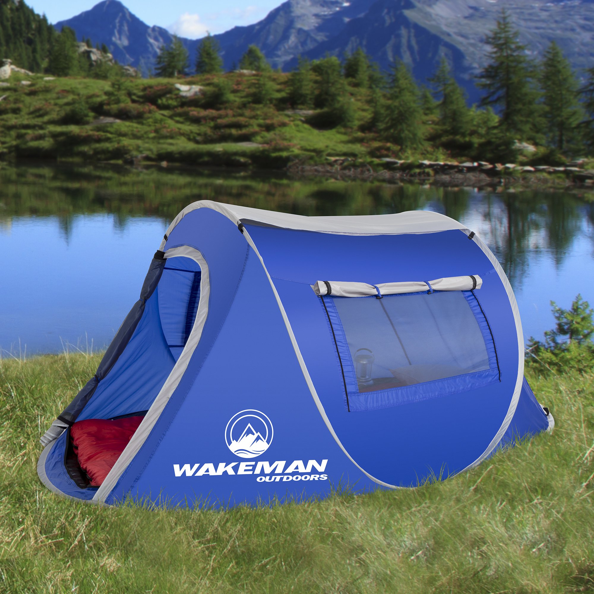 2 Person Pop Up Tent with Dual-Layer Door and Carry Bag - Water-Resistant Tent for Camping, Hiking, or Beach Use by Wakeman Outdoors (Blue)