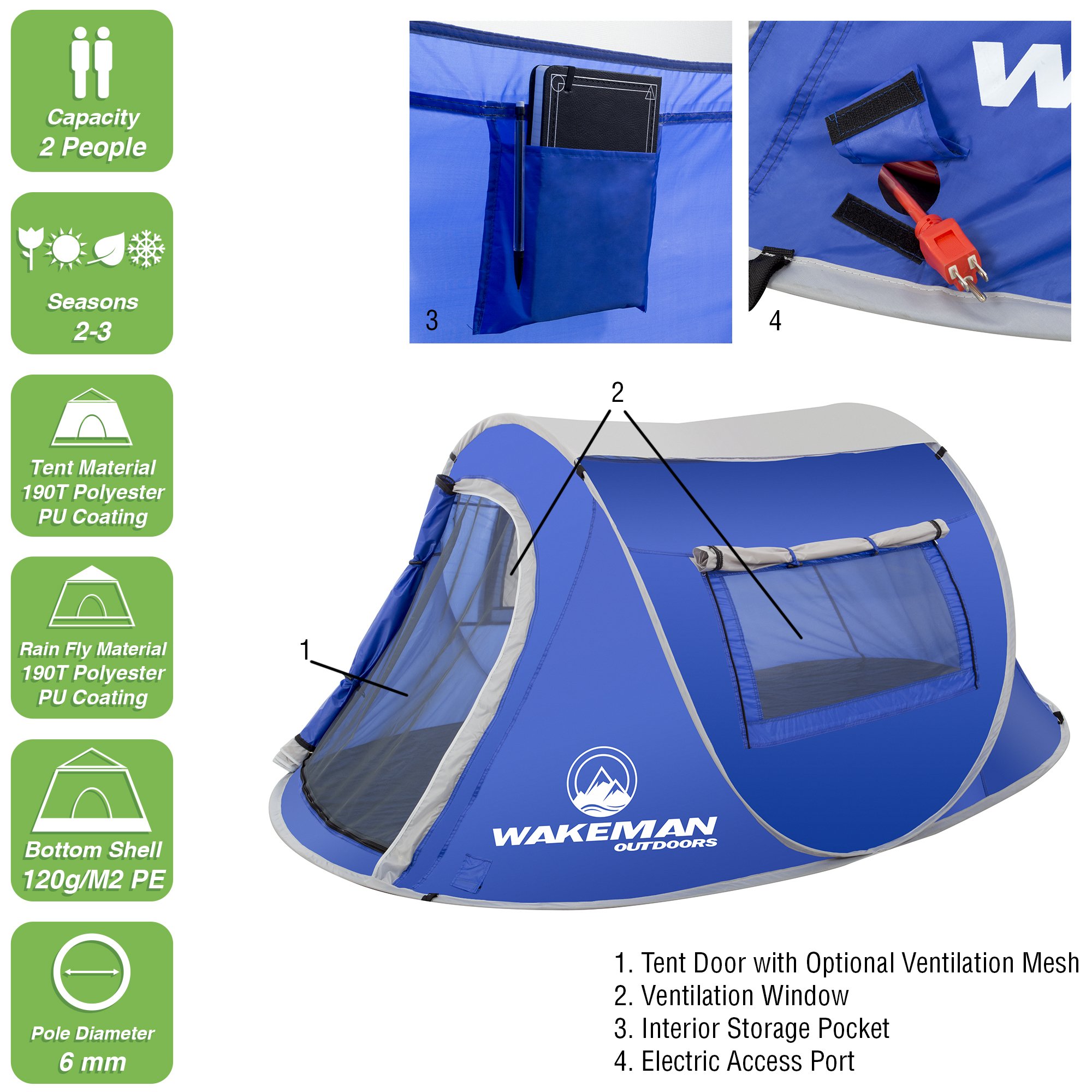 2 Person Pop Up Tent with Dual-Layer Door and Carry Bag - Water-Resistant Tent for Camping, Hiking, or Beach Use by Wakeman Outdoors (Blue)