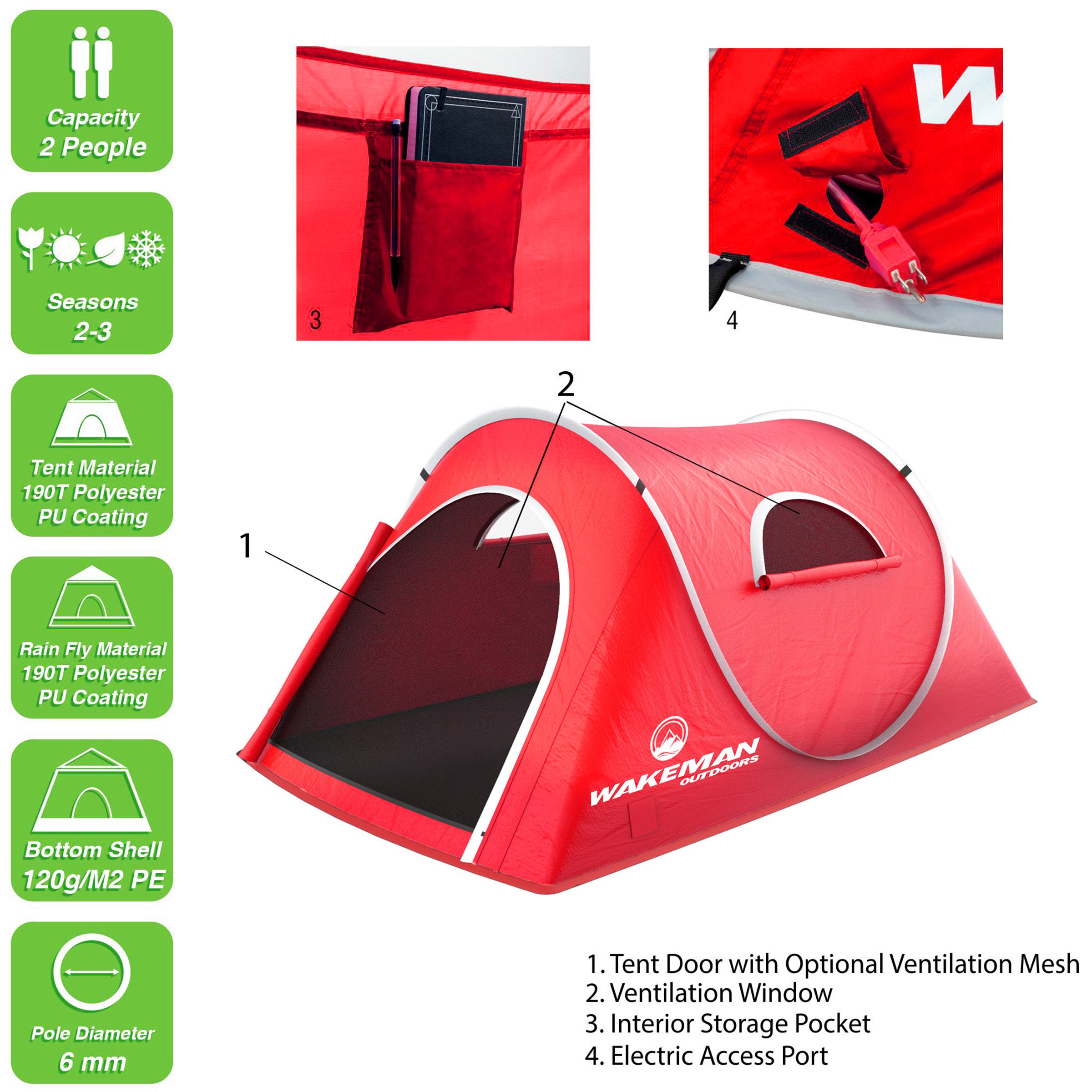 2 Person Pop Up Tent with Dual-Layer Door and Carry Bag - Water-Resistant Tent for Camping, Hiking, or Beach Use by Wakeman Outdoors (Red)