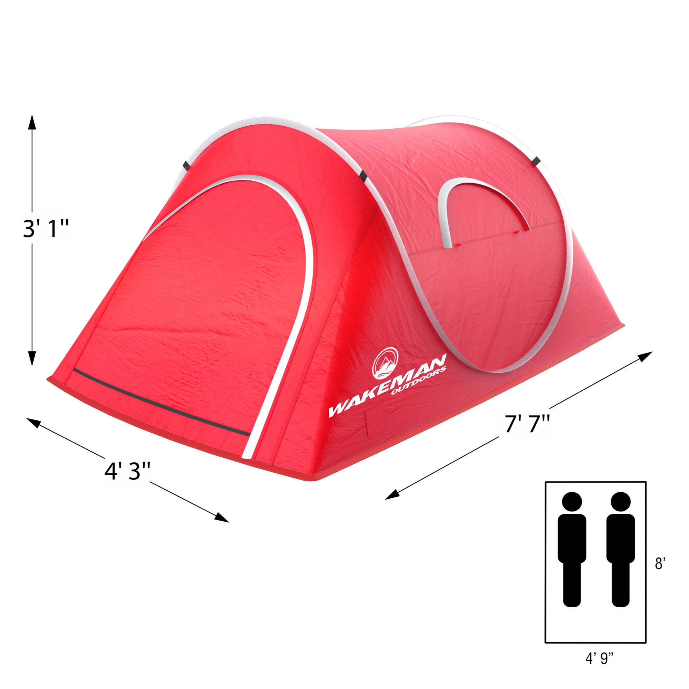 2 Person Pop Up Tent with Dual-Layer Door and Carry Bag - Water-Resistant Tent for Camping, Hiking, or Beach Use by Wakeman Outdoors (Red)