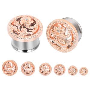 Stuppendux Stainless Steel Gold Diamond Rose Double Flared Flesh Ear Tunnels Plugs Stretcher Expander Kit Gauge 0g 8mm