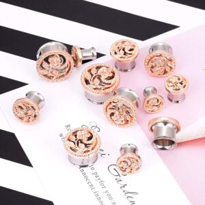 Stuppendux Stainless Steel Gold Diamond Rose Double Flared Flesh Ear Tunnels Plugs Stretcher Expander Kit Gauge 0g 8mm