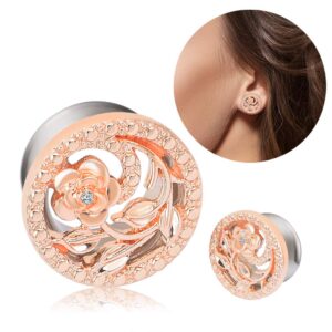 Stuppendux Stainless Steel Gold Diamond Rose Double Flared Flesh Ear Tunnels Plugs Stretcher Expander Kit Gauge 0g 8mm