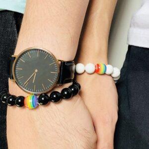 Black Agate and White Howlite Rainbow Gay Pride Relationship Beaded Bracelets Equality Jewelry,Couples Gay Wedding Gift