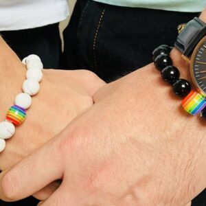 Black Agate and White Howlite Rainbow Gay Pride Relationship Beaded Bracelets Equality Jewelry,Couples Gay Wedding Gift