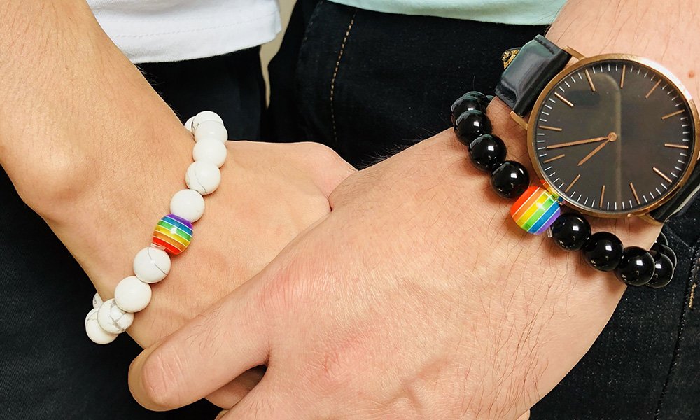 Black Agate and White Howlite Rainbow Gay Pride Relationship Beaded Bracelets Equality Jewelry,Couples Gay Wedding Gift