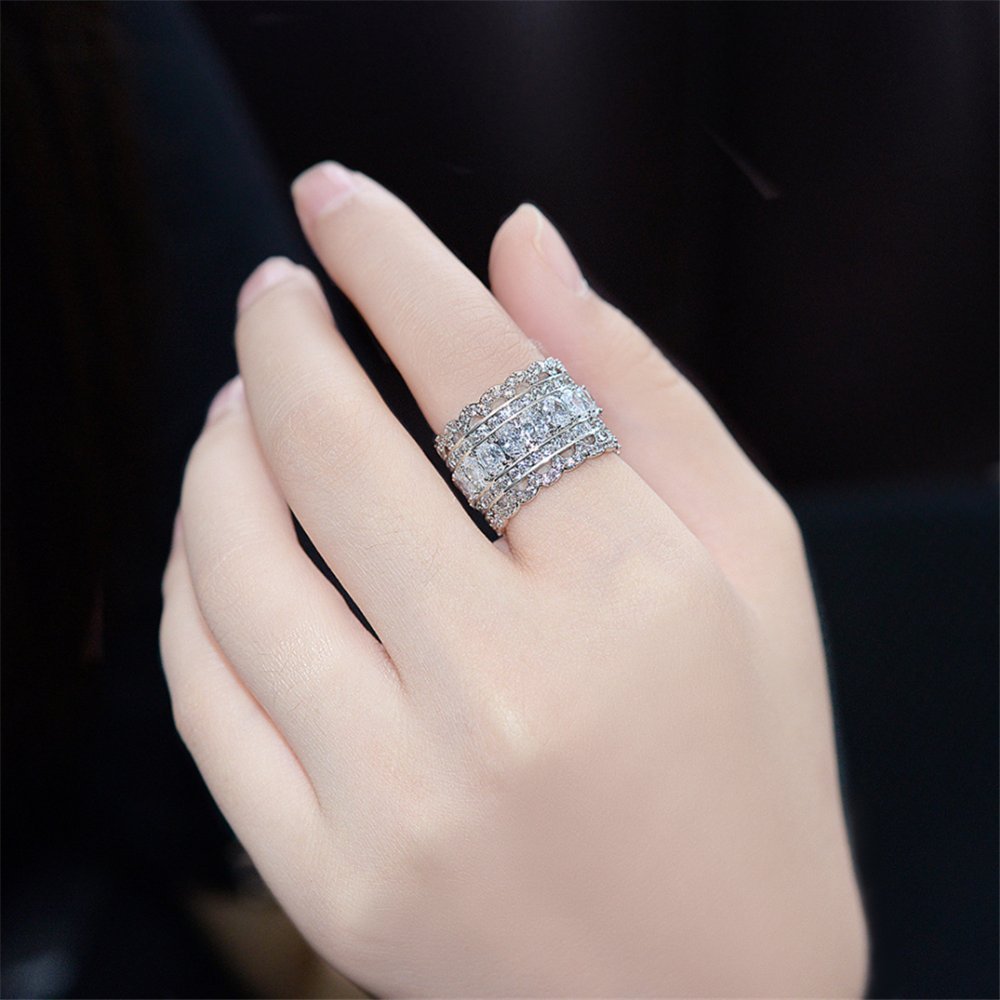 INRENG Vintage Princess Cubic Zirconia Cocktail Eternity Statement Ring Wide Wedding Band 18k White Gold Plated Jewelry Graduation Gifts Size 9