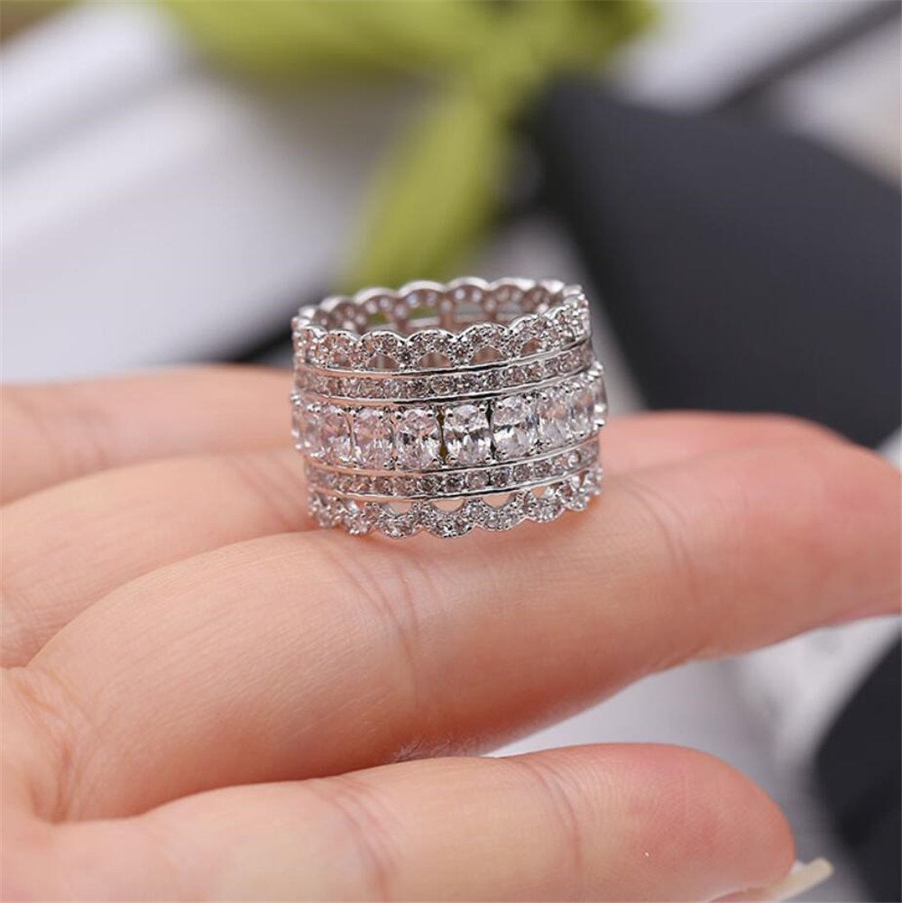 INRENG Vintage Princess Cubic Zirconia Cocktail Eternity Statement Ring Wide Wedding Band 18k White Gold Plated Jewelry Graduation Gifts Size 9