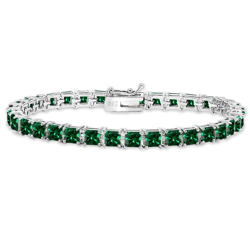 B. BRILLIANT Sterling Silver Simulated Emerald 4mm Princess-Cut Square Classic Tennis Bracelet