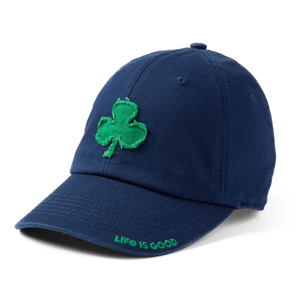 Life is Good. Tattered Chill Cap Applique Shamrock, Darkest Blue