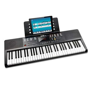 rockjam compact 61 key keyboard with sheet music stand, power supply, piano note stickers & simply piano lessons