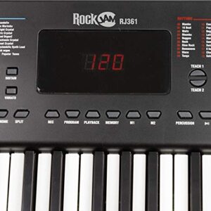 RockJam Compact 61 Key Keyboard with Sheet Music Stand, Power Supply, Piano Note Stickers & Simply Piano Lessons