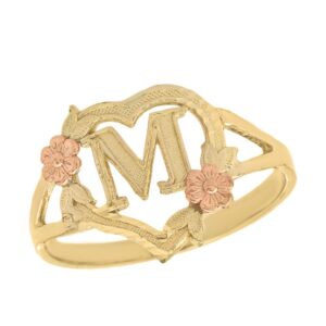 calirosejewelry 10k two-tone initial alphabet personalized heart ring in yellow and rose gold (size 7) - letter m