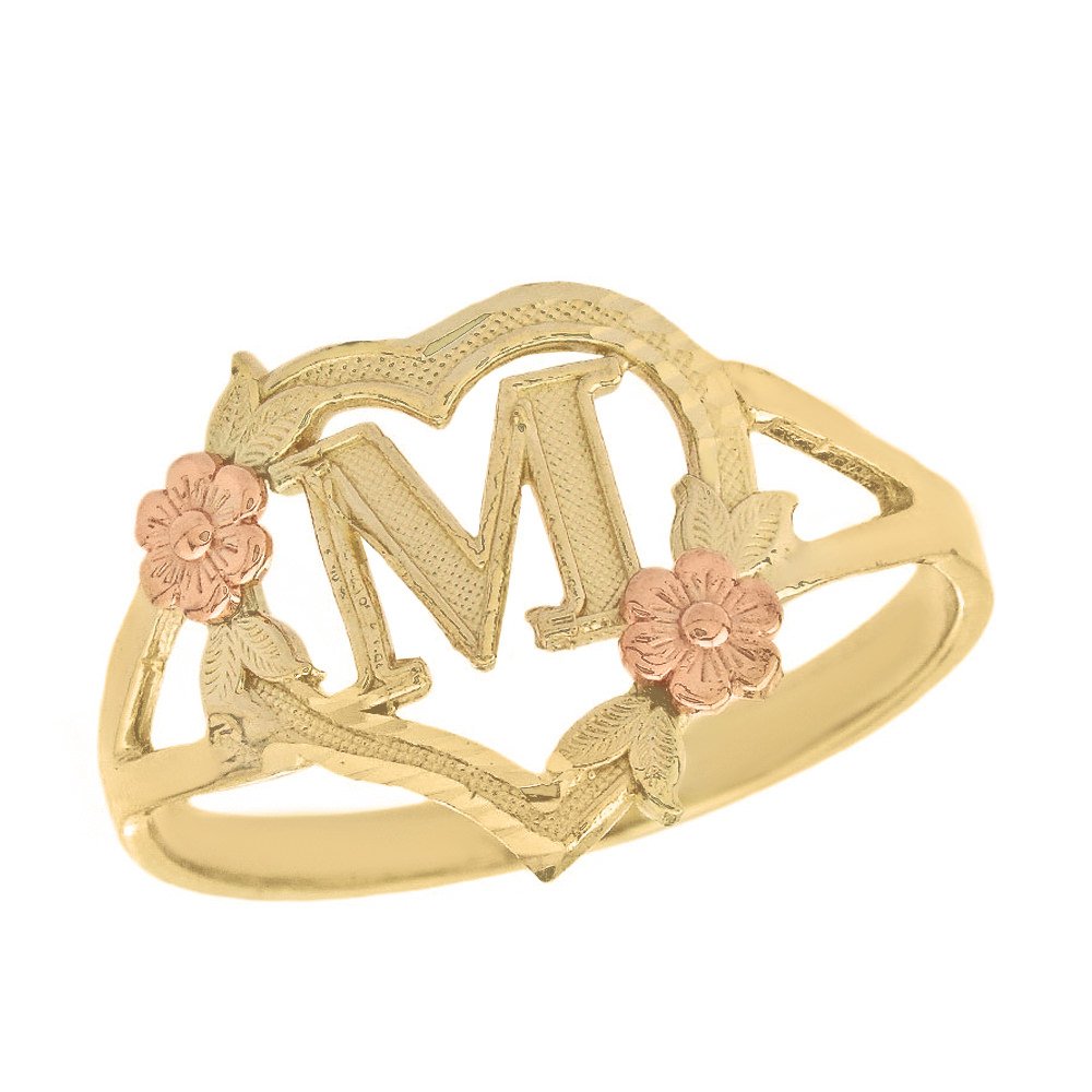 CaliRoseJewelry 10k Two-Tone Initial Alphabet Personalized Heart Ring in Yellow and Rose Gold (Size 7) - Letter M