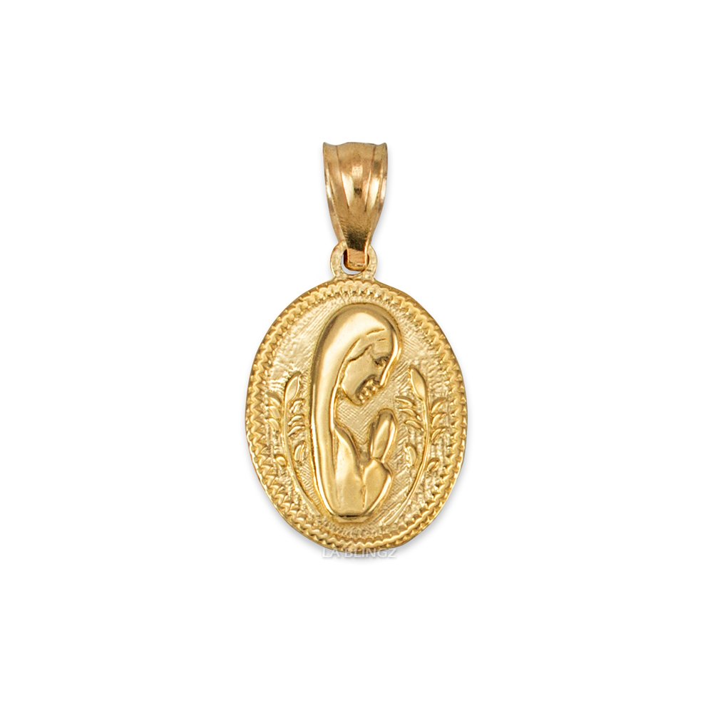 LA BLINGZ 14K Yellow Gold Praying Virgin Mary Medallion Charm Pendant