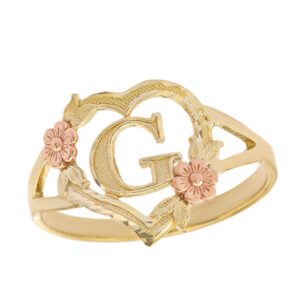 calirosejewelry 10k two-tone initial alphabet personalized heart ring in yellow and rose gold (size 4) - letter g