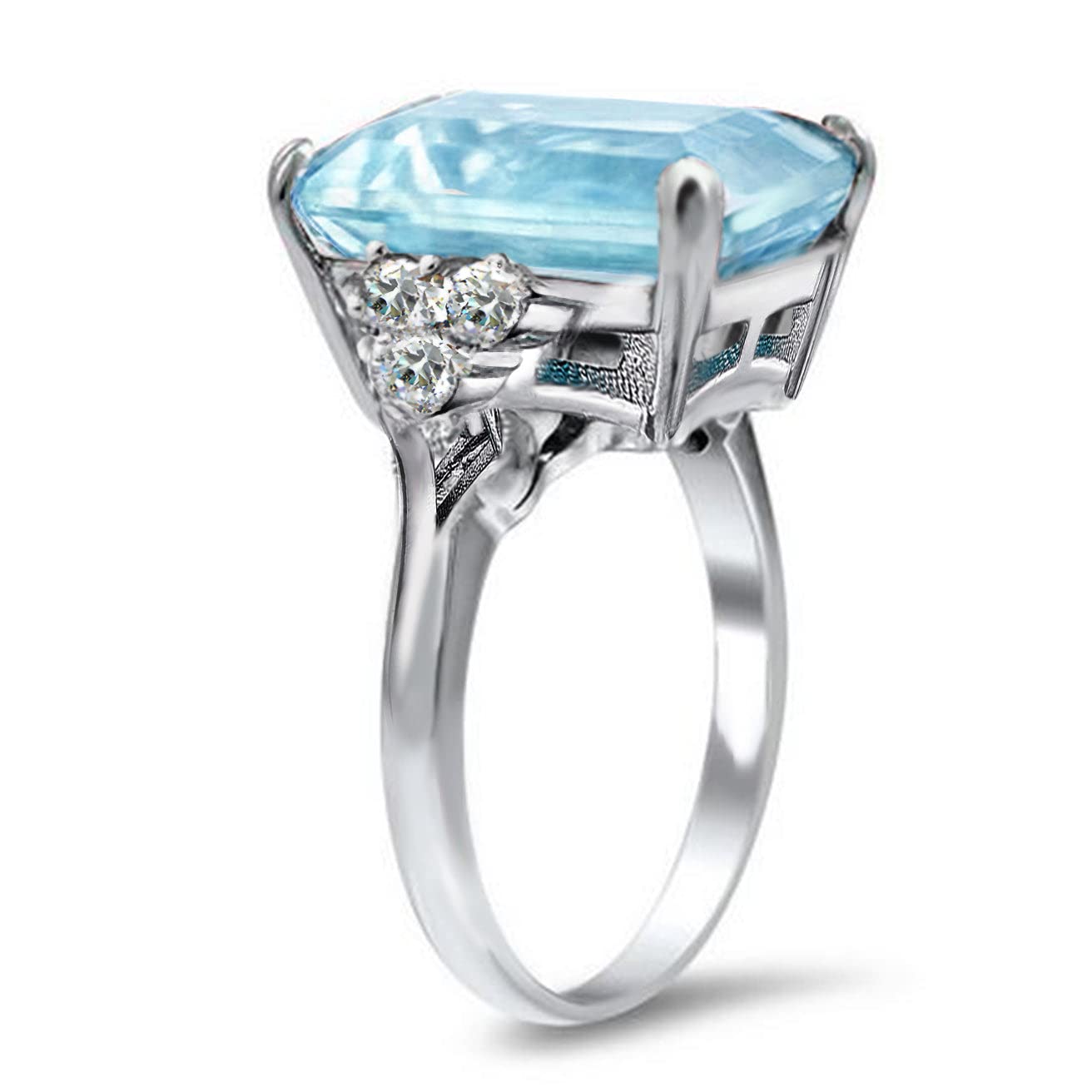 Samie Collection Princess Diana 20ctw Emerald Cut Simulated Gemstone in Aquamarine-tone, Emerald-tone, Garnet-tone Cocktail Ring for Women Inspired by Royal Wedding in White Gold Plating, Size 5-10