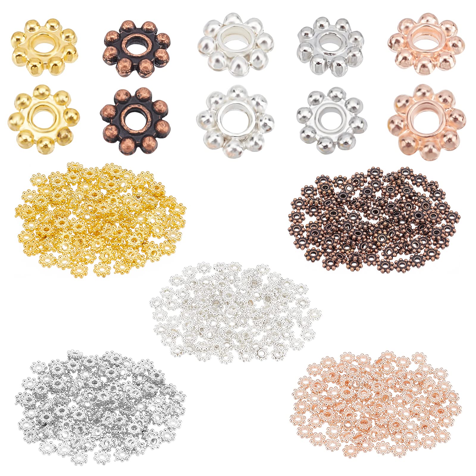 PH PandaHall 500pcs 5mm Flower Spacer Beads 5 Colors Tibetan Alloy Daisy Metal Spacers Mini Snowflake Loose Beads Craft Jeweley Beads for Bracelet Necklace Earring Jewelry Making