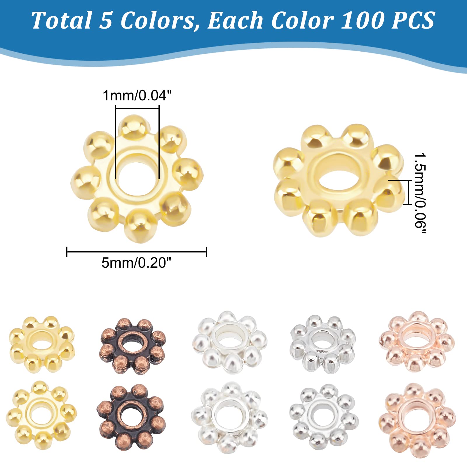 PH PandaHall 500pcs 5mm Flower Spacer Beads 5 Colors Tibetan Alloy Daisy Metal Spacers Mini Snowflake Loose Beads Craft Jeweley Beads for Bracelet Necklace Earring Jewelry Making