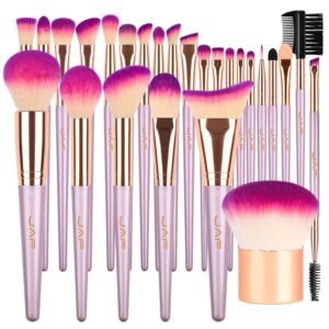 jaf 26pcs makeup brush set professional kabuki full face contour brush set pink complete vegan brush kit, soft make pretty cute rose gold cosmetic brush purple